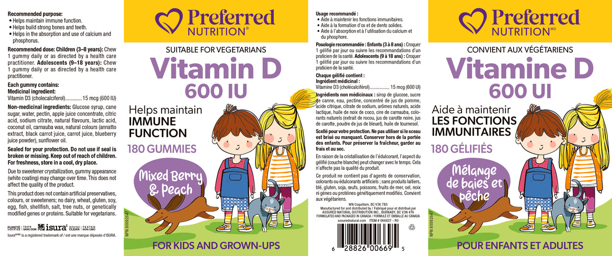 VITAMIN D 600 IU MIXED BERRY & PEACH 180 GUMMIES PREFERRED NUTRITION ...
