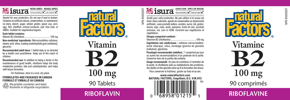 B2 RIBOFLAVIN 100 MG 90 TABS NATURAL FACTORS – Ave Maria Health