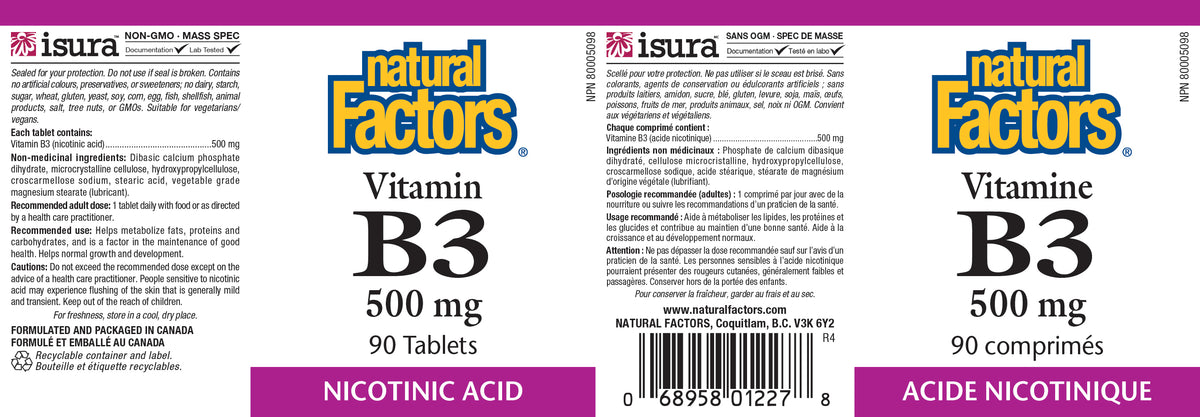 VITAMIN B3 NICOTINIC ACID 500 MG 90 TABS NATURAL FACTORS – Ave Maria Health