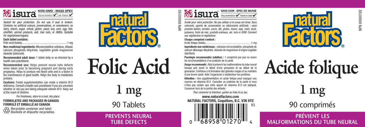 FOLIC ACID 1 MG 90 TABS NATURAL FACTORS – Ave Maria Health