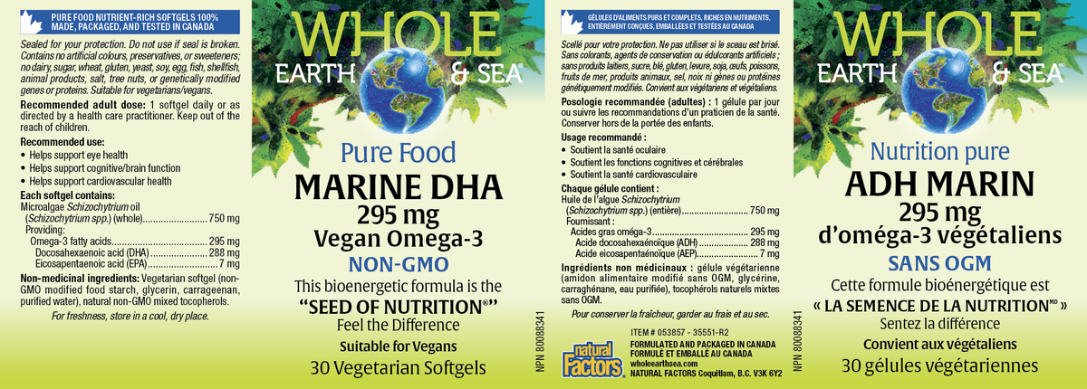MARINE DHA 295 MG 30 SOFTGELS WHOLE EARTH & SEA NATURAL FACTORS – Ave ...