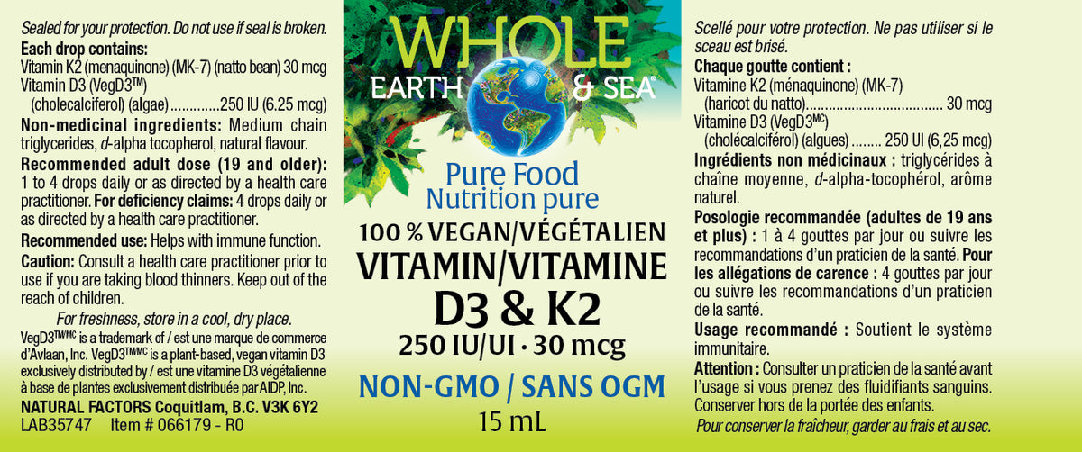 VITAMIN D3 250 IU & K2 30 MCG 15 ML WHOLE EARTH & SEA NATURAL FACTORS ...